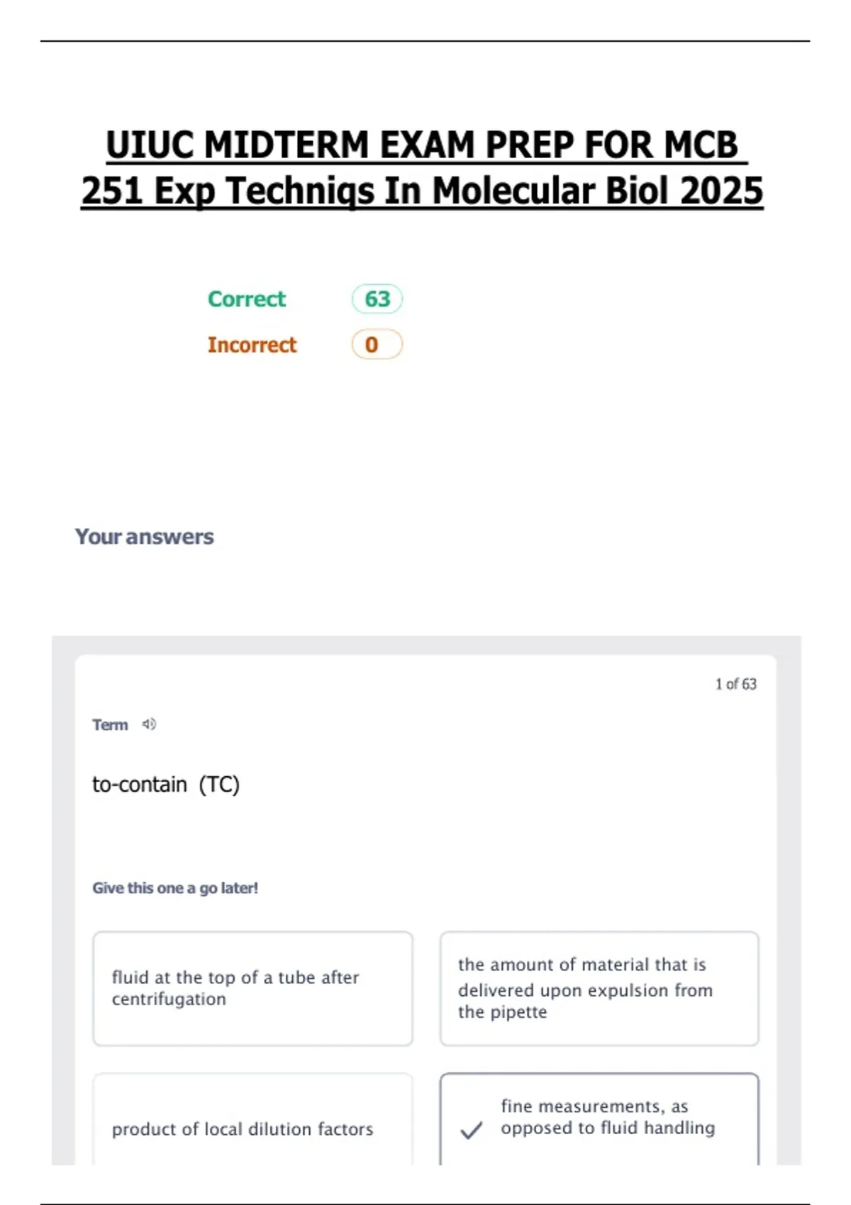 UIUC MIDTERM EXAM PREP FOR MCB 251 Exp Techniqs In Molecular Biol 2025 - UIUC MCB 251 - Stuvia US