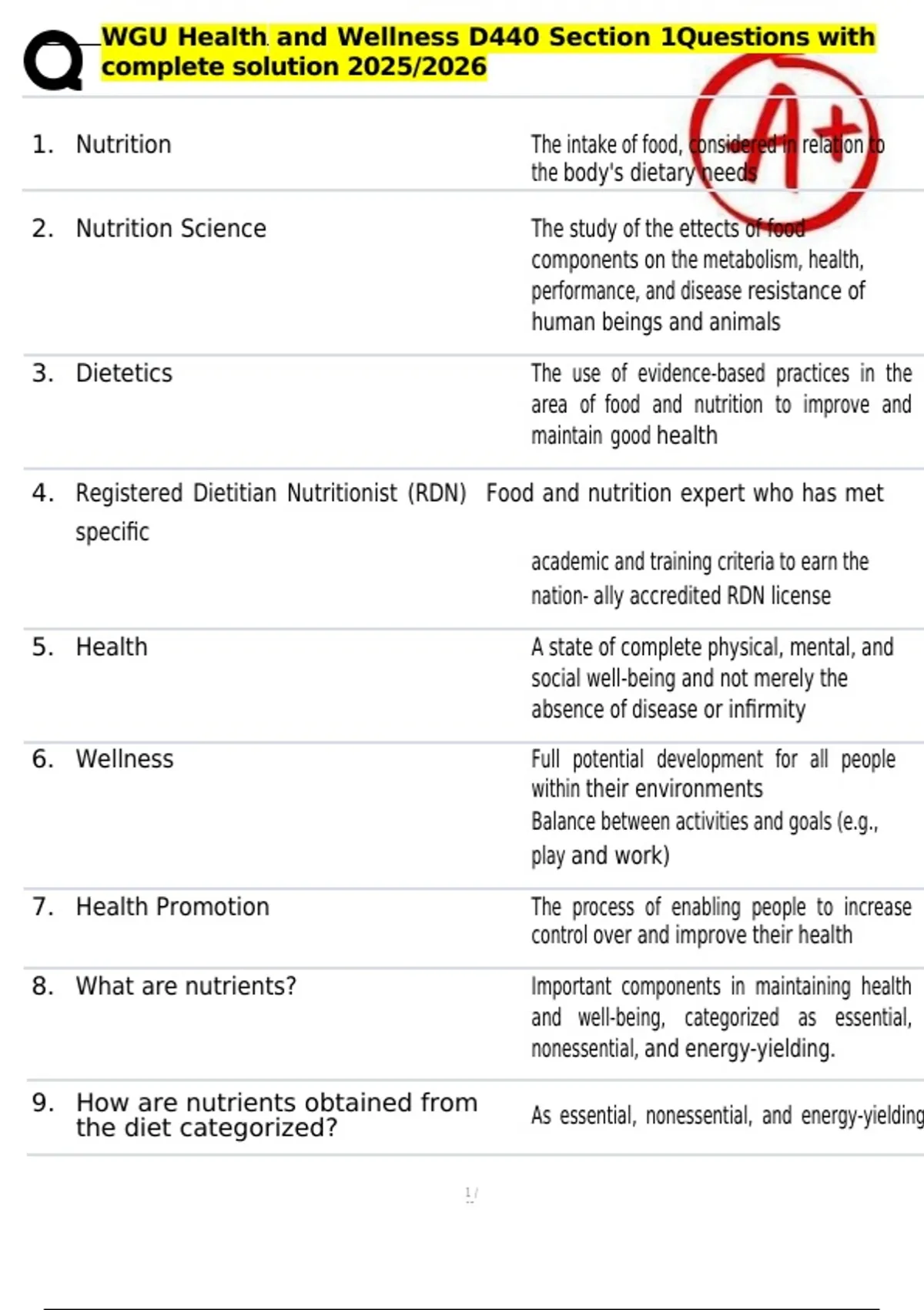 WGU Health and Wellness D440 Section 1Questions with complete solution ...