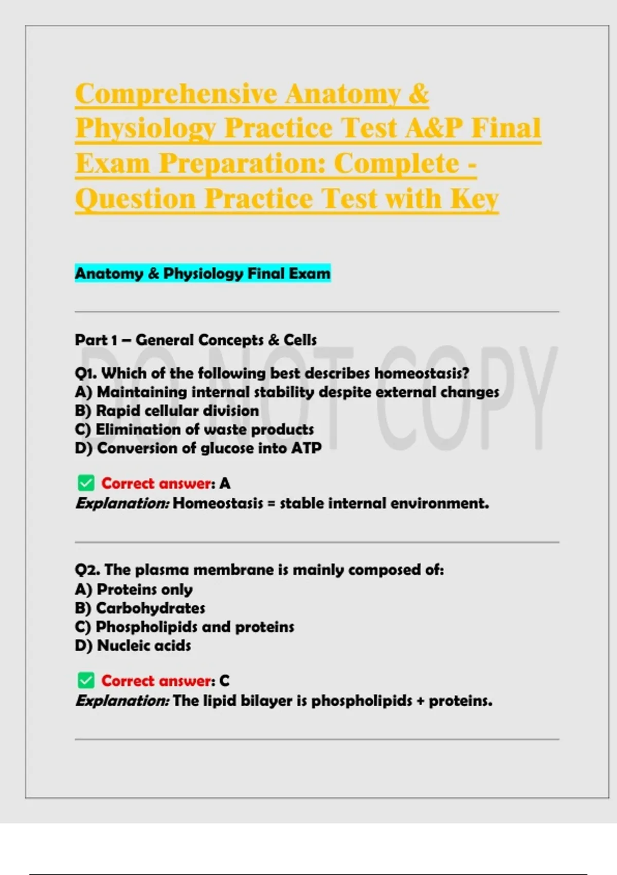 Comprehensive Anatomy & Physiology Practice Test A&P Final Exam ...