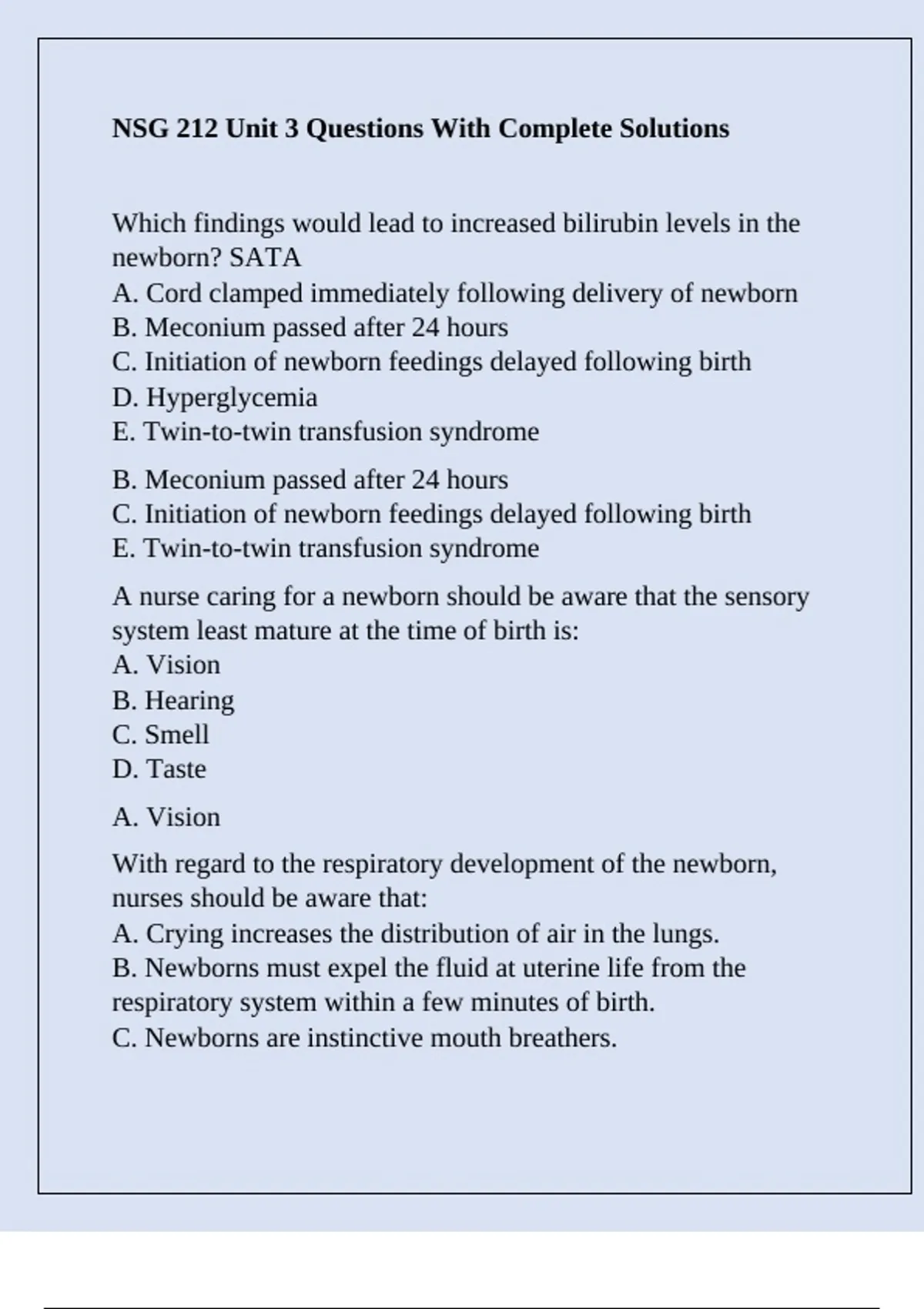 NSG 212 Unit 3 Questions With Complete Solutions - NSG 212 - Stuvia US