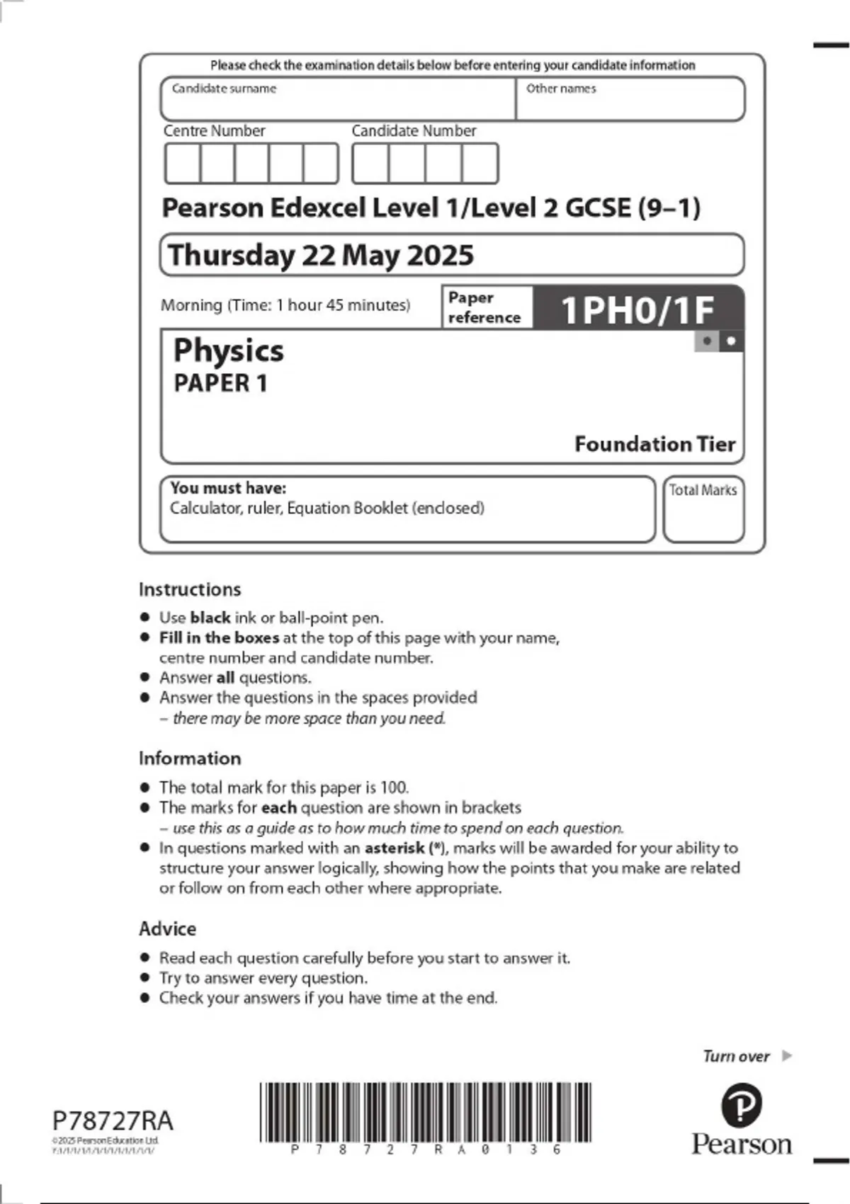 GCSE EDEXCEL 2025 Foundation Triple Science: Trilogy Physics Paper 1 ...