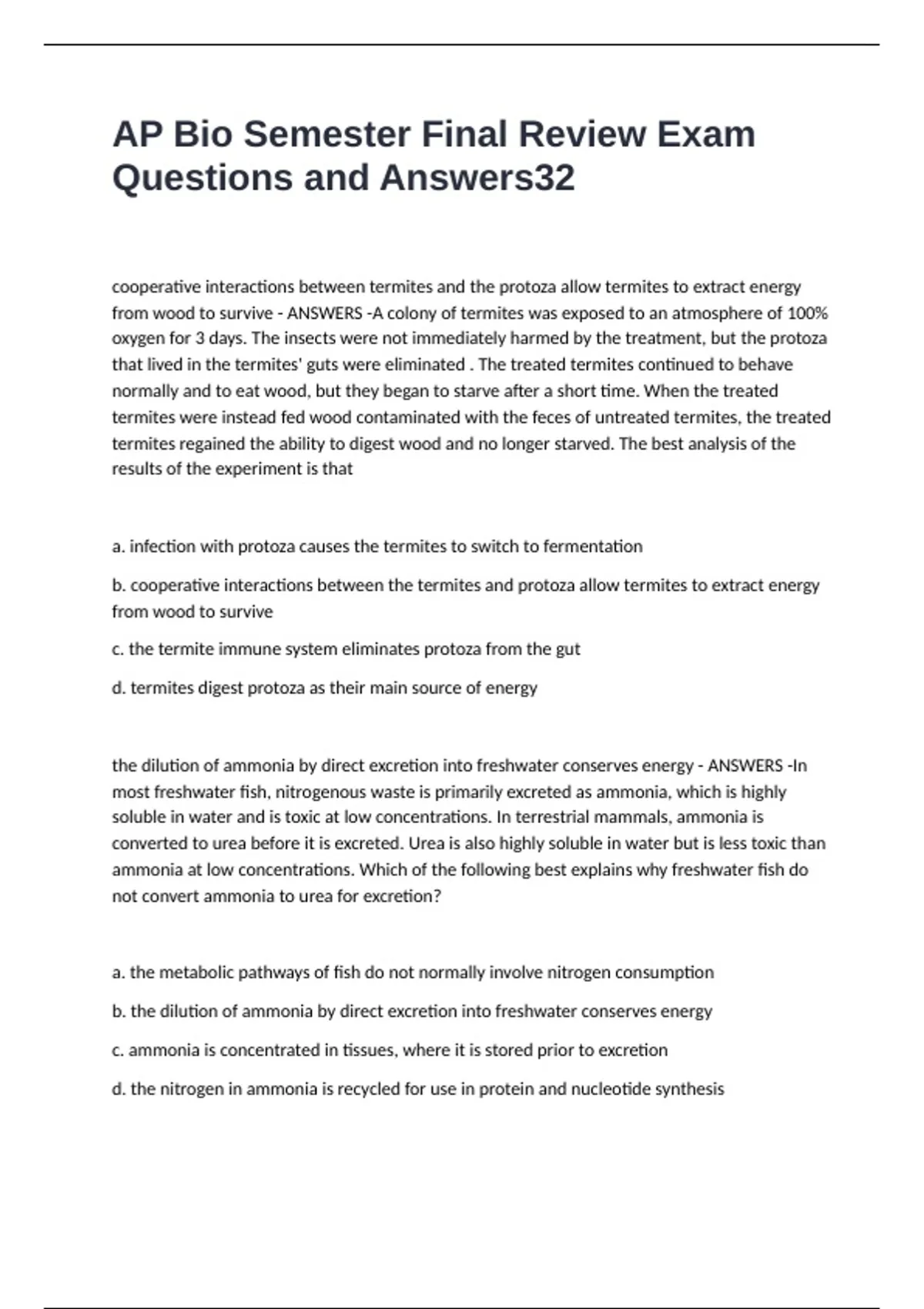 AP Bio Semester Final Review Exam Questions and Answers - AP Bio ...