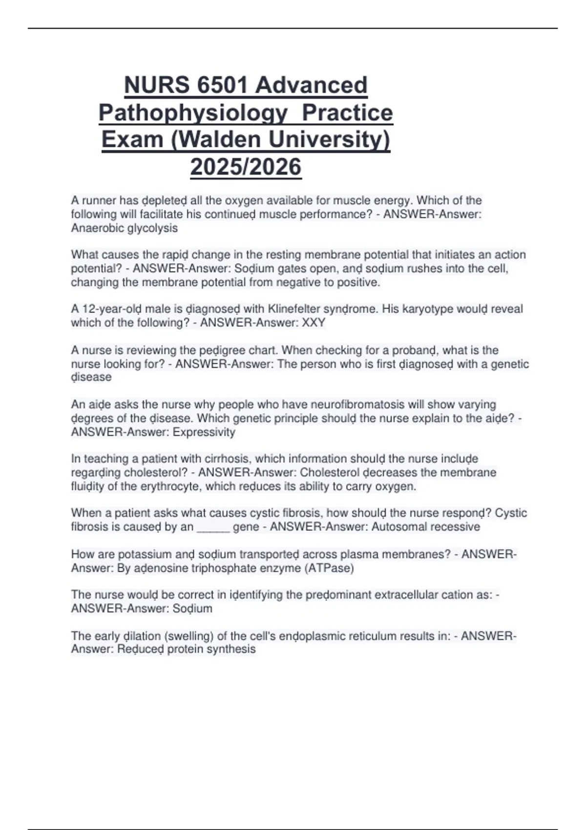 NURS 6501 Advanced Pathophysiology Practice Exam (Walden University ...