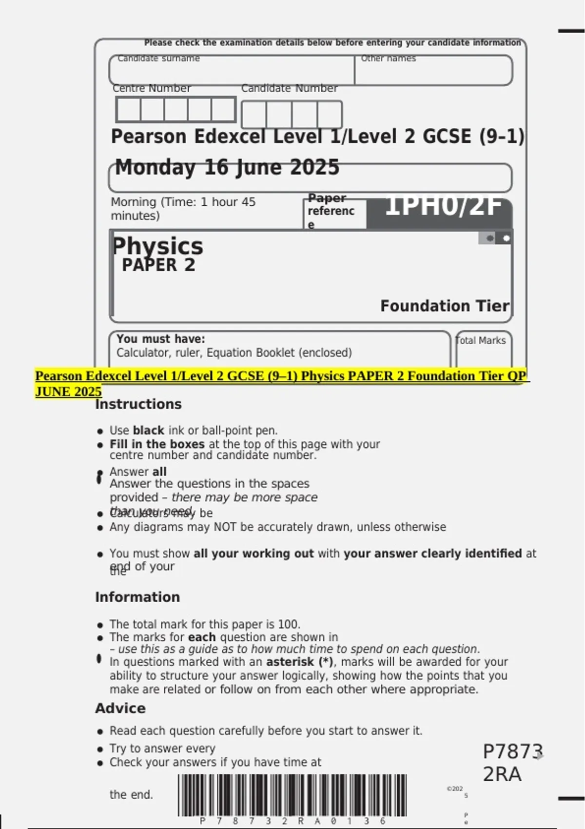 Pearson Edexcel Level 1/Level 2 GCSE (9–1) Physics PAPER 2 Foundation ...