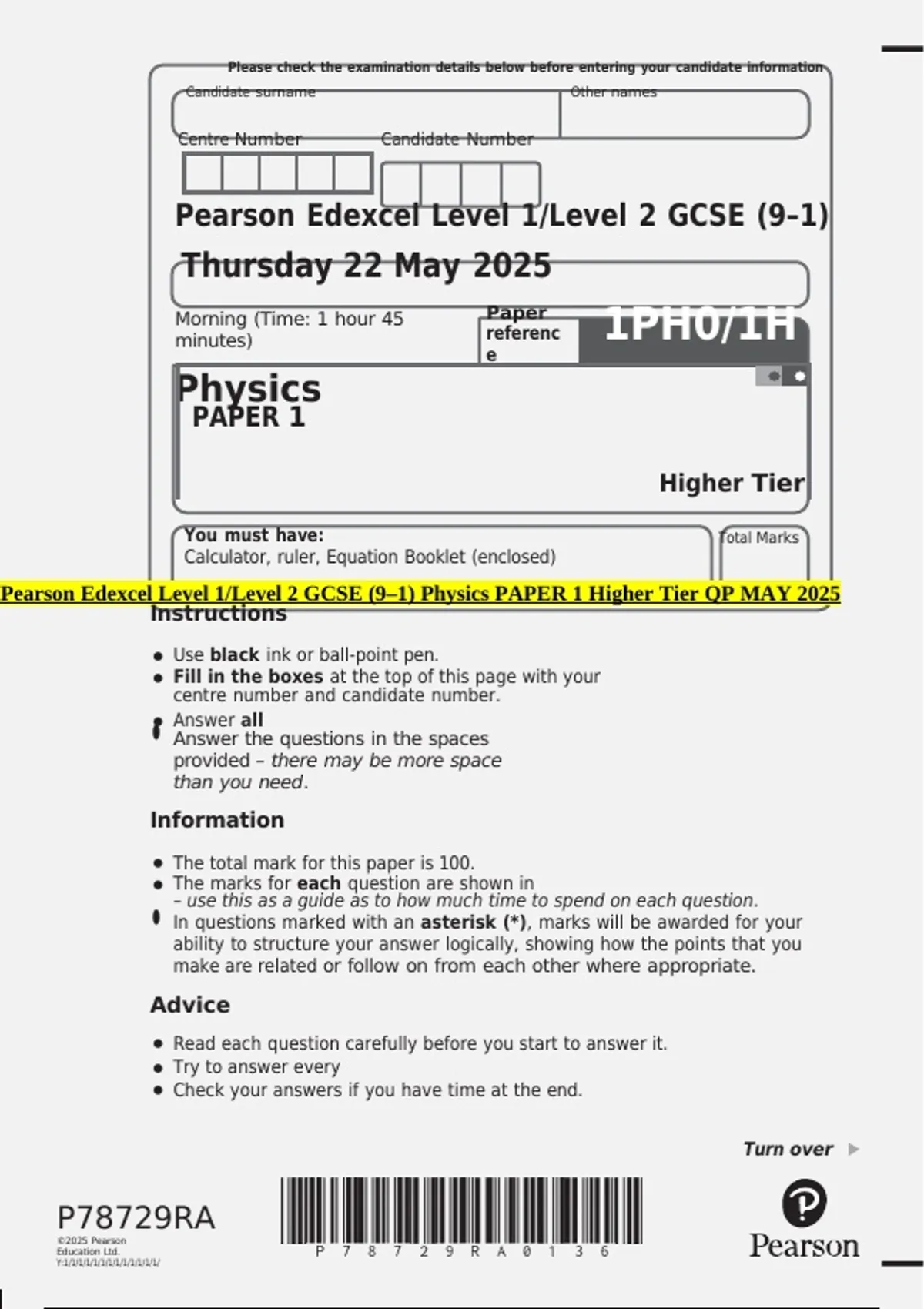 Pearson Edexcel Level 1/Level 2 GCSE (9–1) Physics PAPER 1 Higher Tier ...