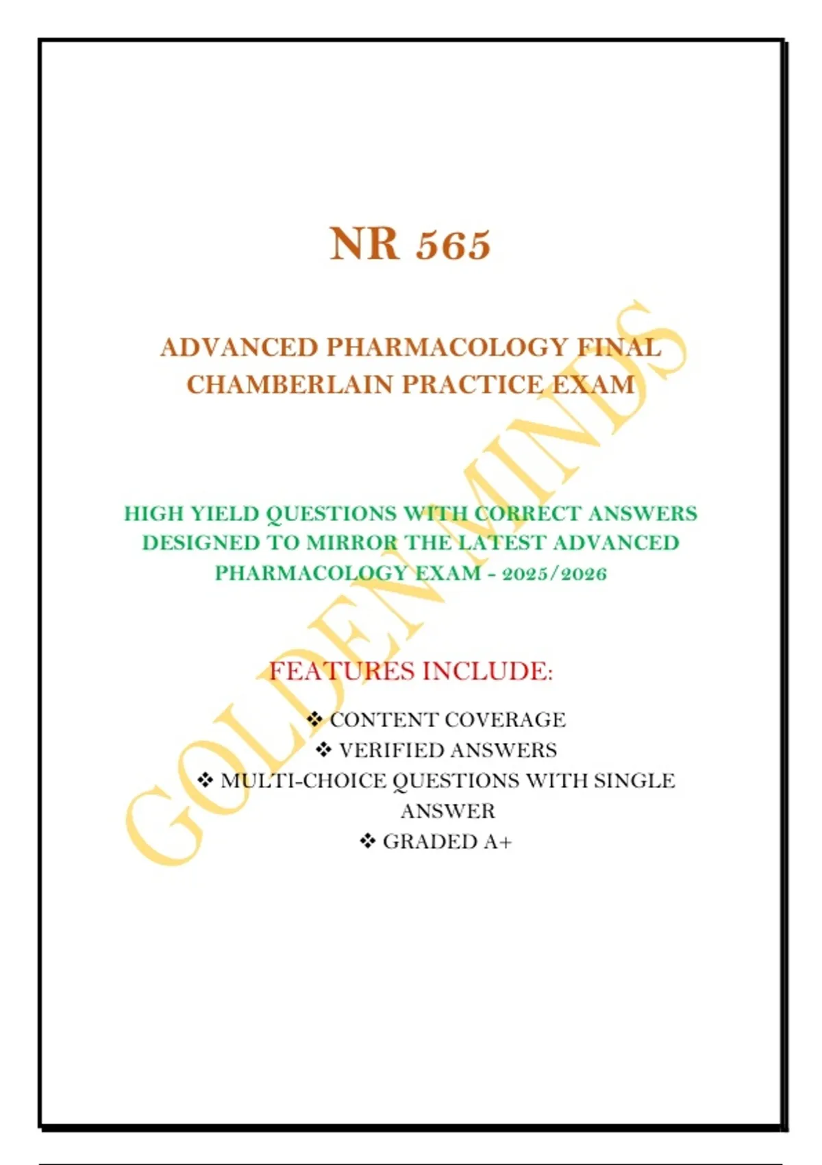 NR 565 ADVANCED PHARMACOLOGY FINAL CHAMBERLAIN PRACTICE EXAM - NR 565 ...