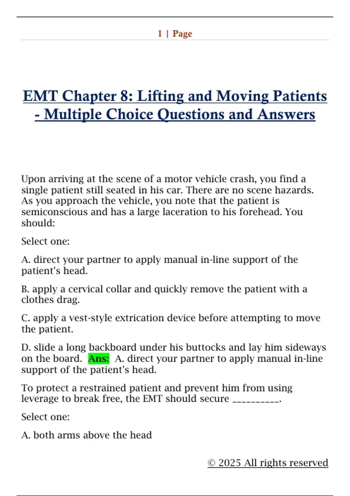 EMT Chapter 8: Lifting and Moving Patients - Multiple Choice Questions ...