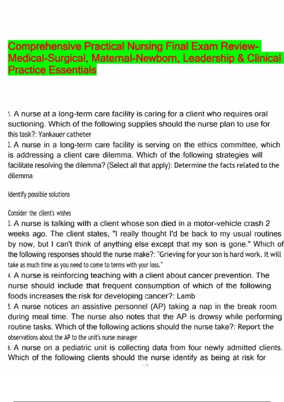 Comprehensive Practical Nursing Final Exam Review- Medical-Surgical, Maternal-Newborn ...