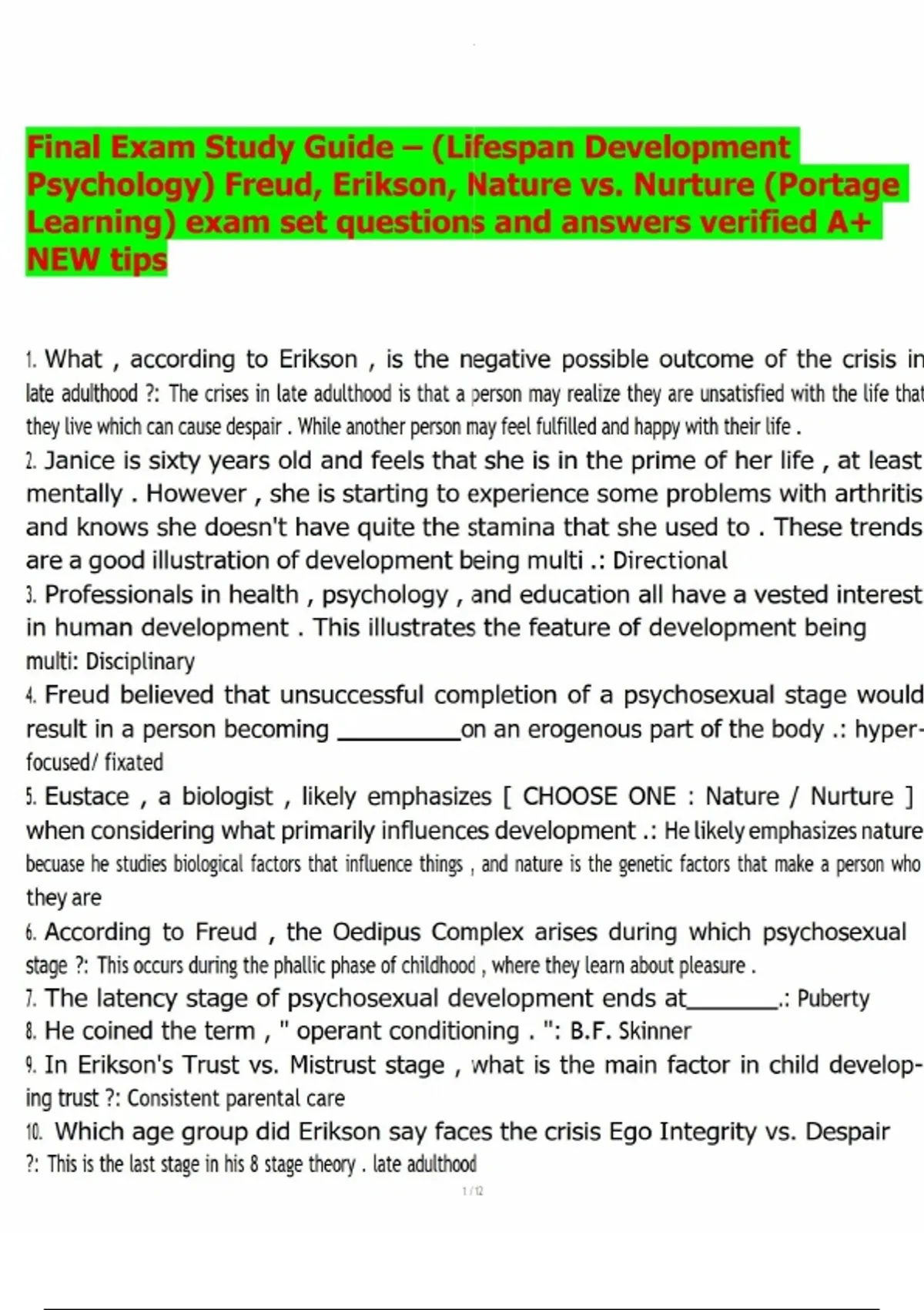 Final Exam Study Guide – (Lifespan Development Psychology) Freud ...