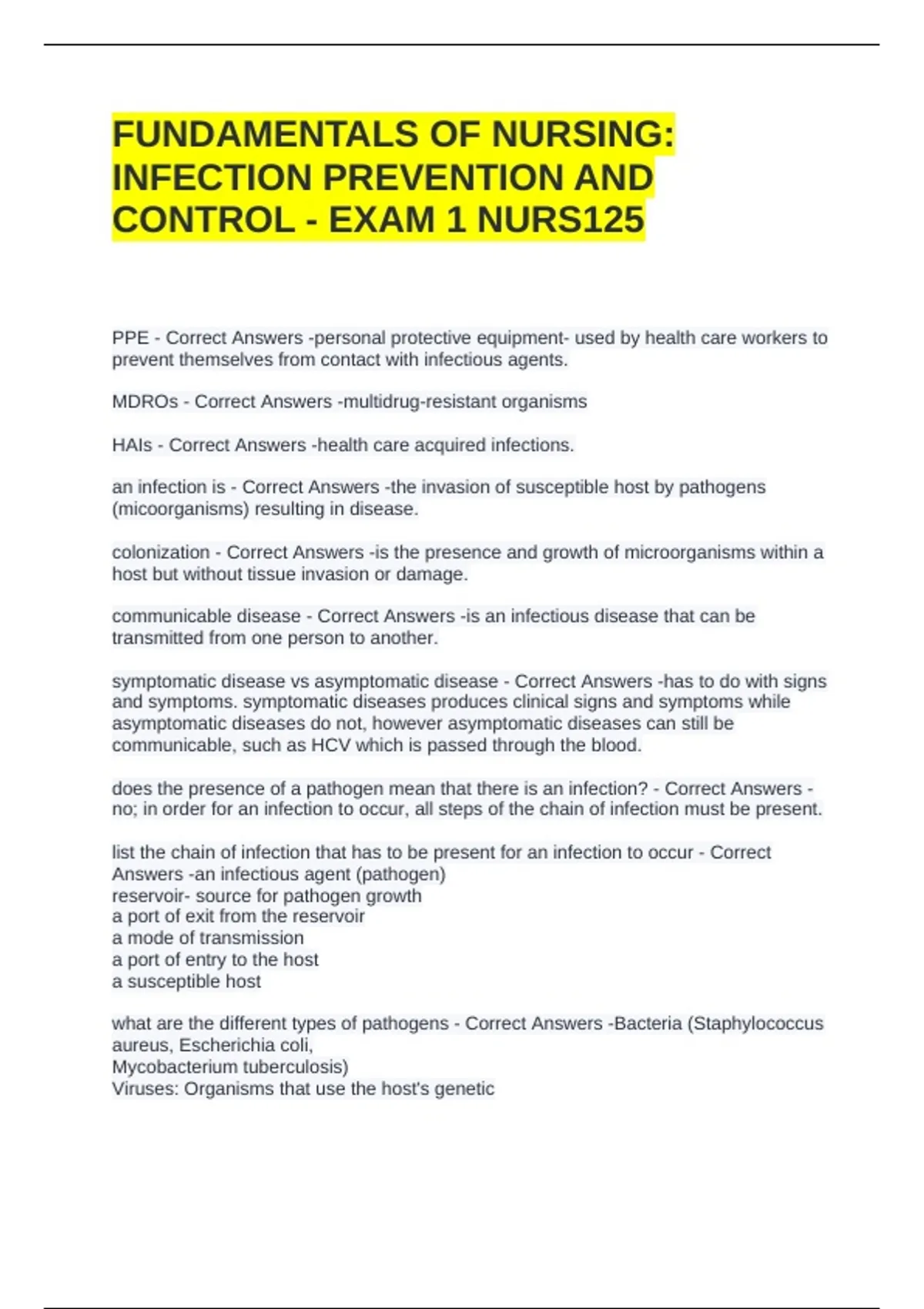 FUNDAMENTALS OF NURSING: INFECTION PREVENTION AND CONTROL - EXAM 1 ...