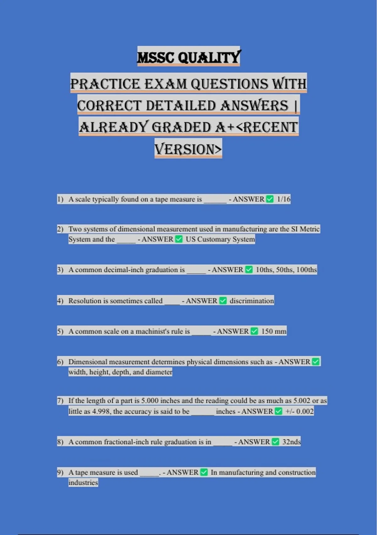 MSSC QUALITY PRACTICE EXAM QUESTIONS WITH CORRECT DETAILED ANSWERS ...