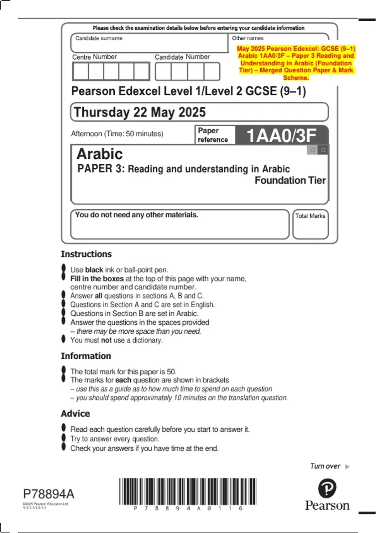 May 2025 Pearson Edexcel: GCSE (9–1) Arabic 1AA0/3F – Paper 3 Reading ...