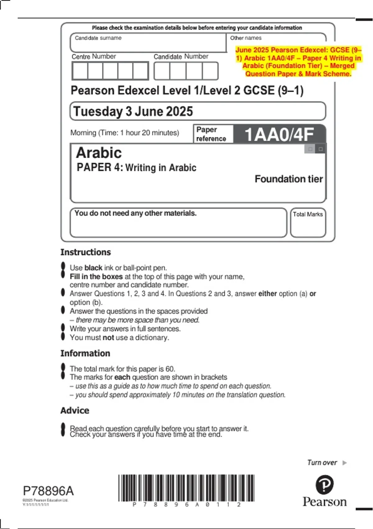 June 2025 Pearson Edexcel: GCSE (9– 1) Arabic 1AA0/4F – Paper 4 Writing ...