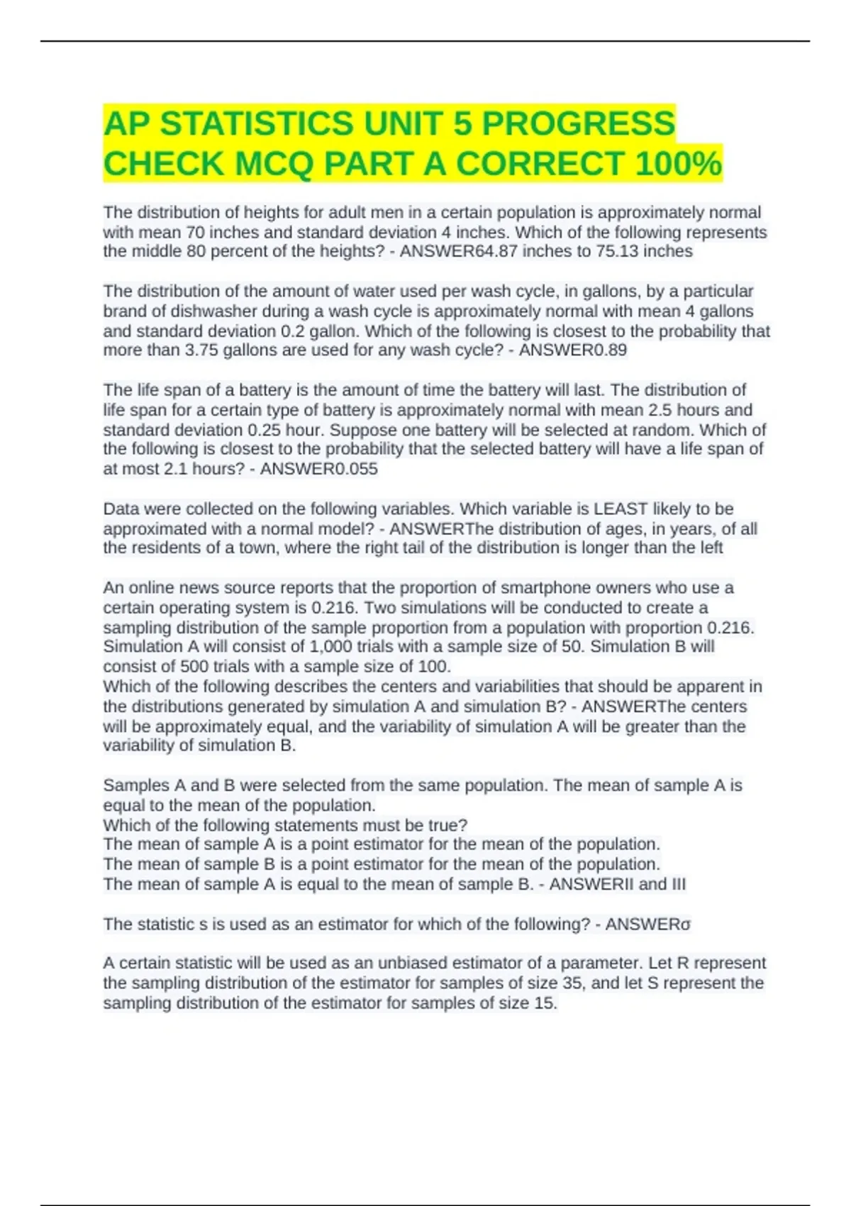 AP STATISTICS UNIT 5 PROGRESS CHECK MCQ PART A CORRECT 100% - AP ...