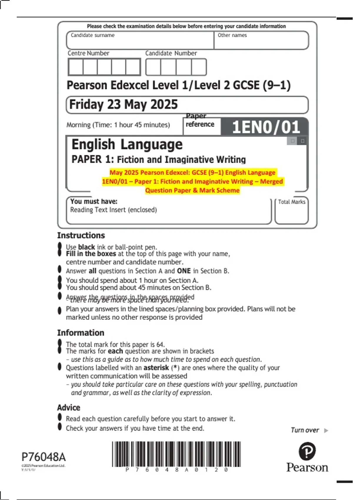 May 2025 Pearson Edexcel: GCSE (9–1) English Language 1EN0/01 – Paper 1 ...