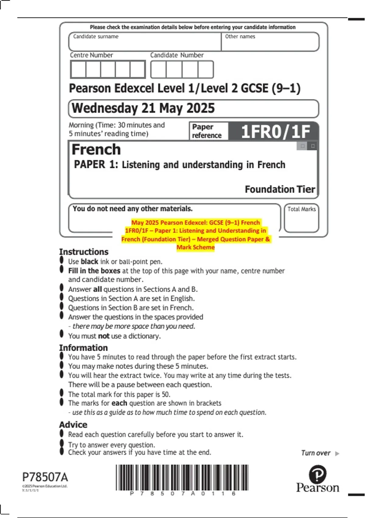 May 2025 Pearson Edexcel: GCSE (9–1) French 1FR0/1F – Paper 1 ...