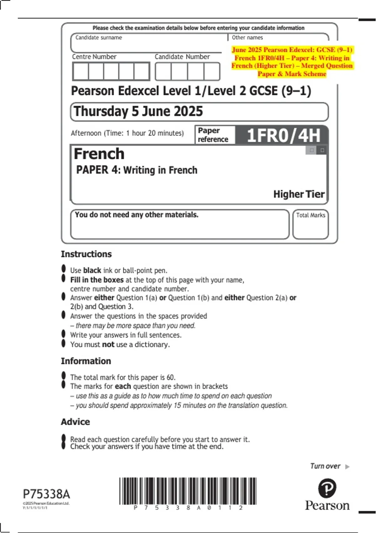 June 2025 Pearson Edexcel: GCSE (9–1) French 1FR0/4H – Paper 4: Writing ...