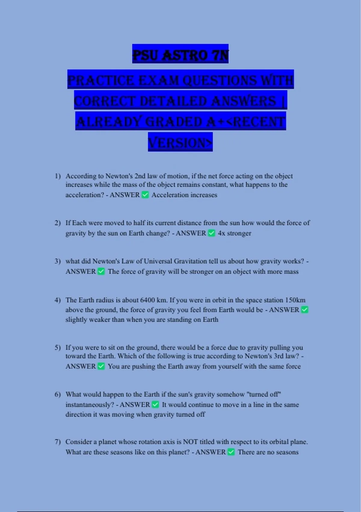 PSU ASTRO 7N PRACTICE EXAM QUESTIONS WITH CORRECT DETAILED ANSWERS ...