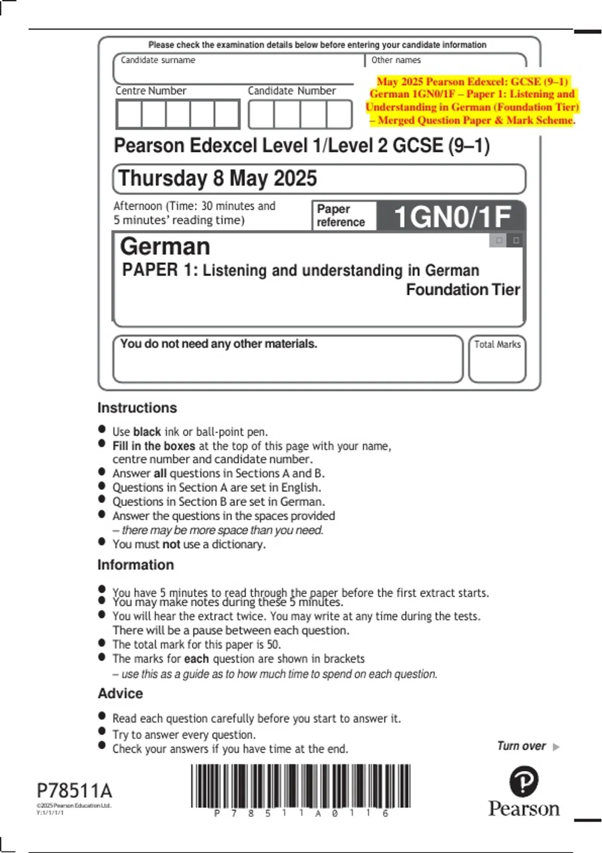 May 2025 Pearson Edexcel: GCSE (9–1) German 1GN0/1F – Paper 1 ...