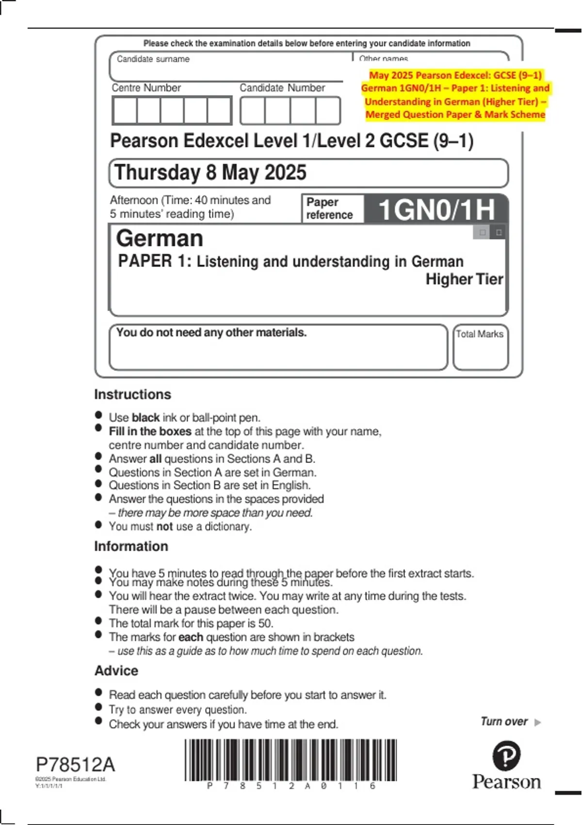 May 2025 Pearson Edexcel: GCSE (9–1) German 1GN0/1H – Paper 1 ...