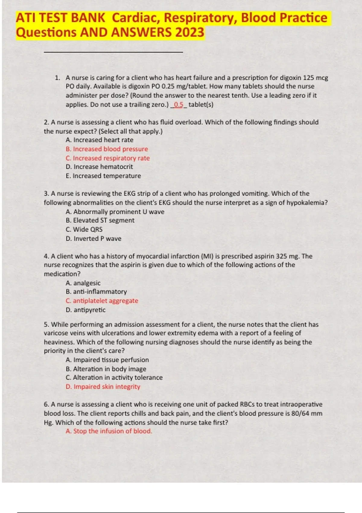 ATI TEST BANK Cardiac, Respiratory, Blood Practice Questions AND ...