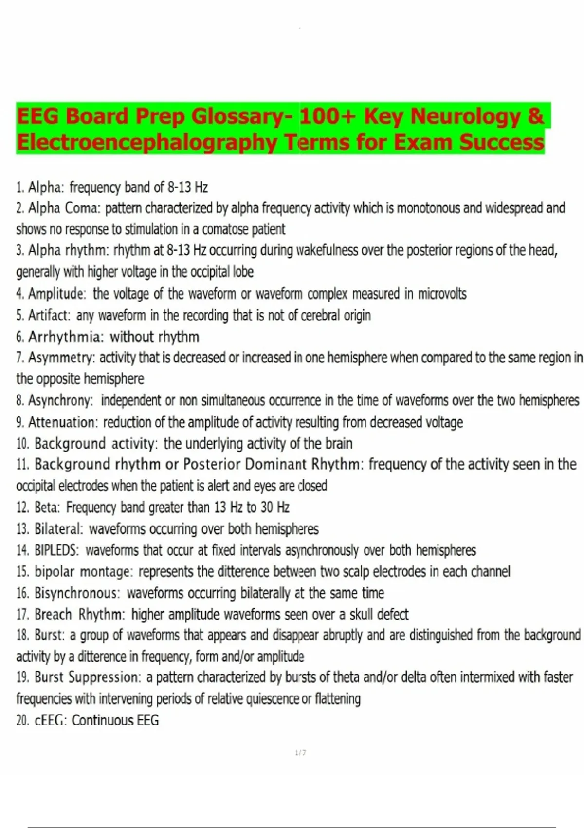 EEG Board Prep Glossary- 100+ Key Neurology & Electroencephalography ...
