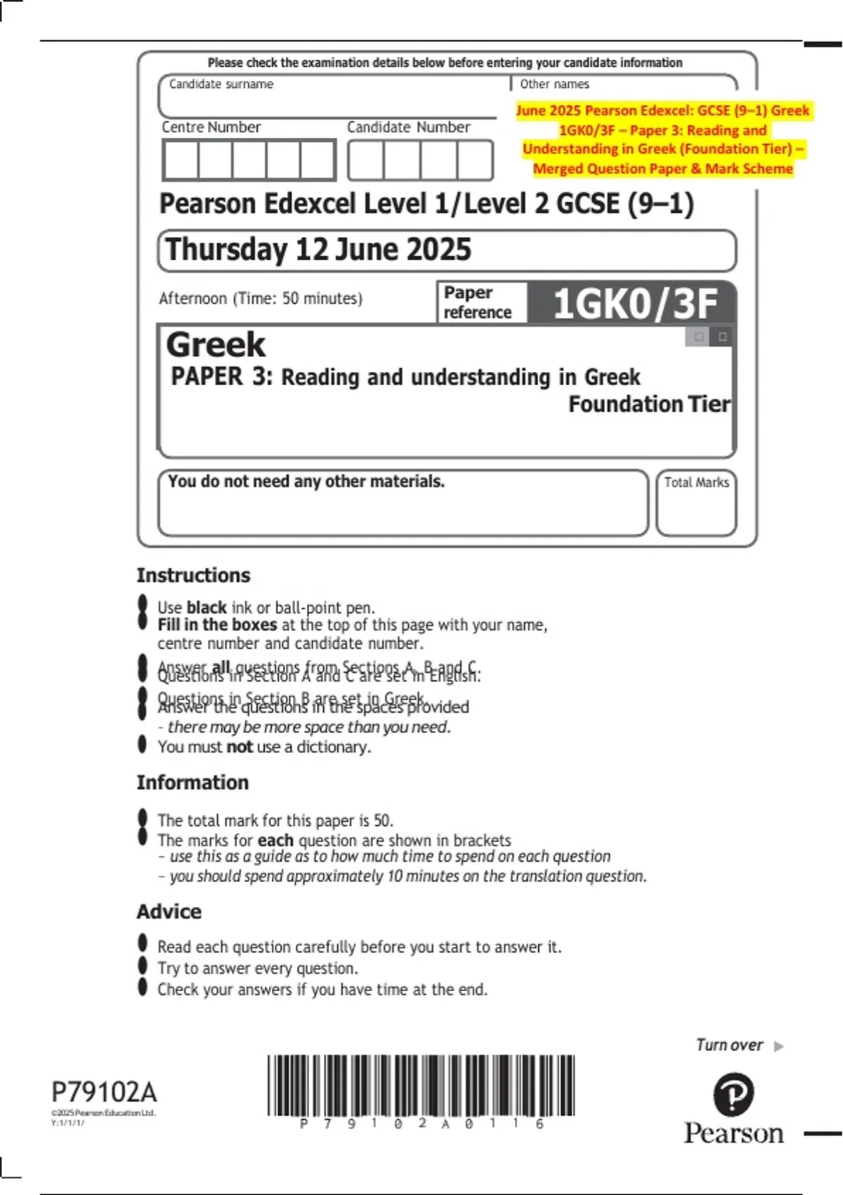 June 2025 Pearson Edexcel: GCSE (9–1) Greek 1GK0/3F – Paper 3: Reading ...