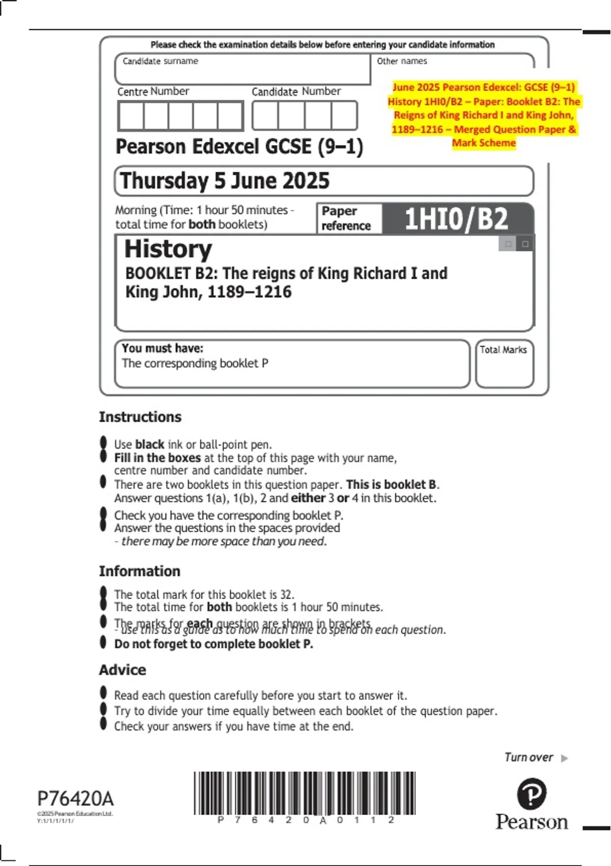 June 2025 Pearson Edexcel: GCSE (9–1) History 1HI0/B2 – Paper: Booklet ...