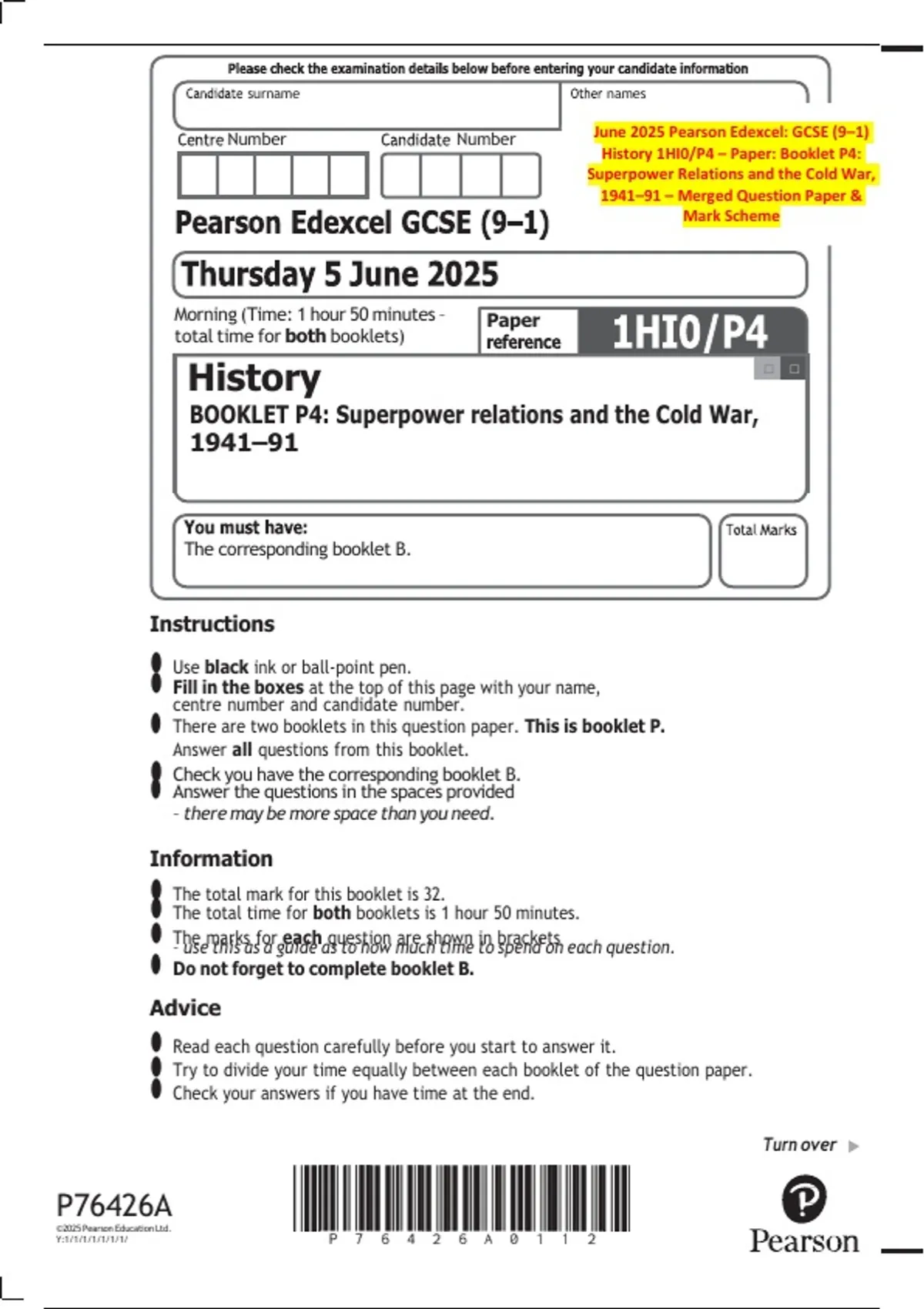 June 2025 Pearson Edexcel: GCSE (9–1) History 1HI0/P4 – Paper: Booklet P4: Superpower Relations ...