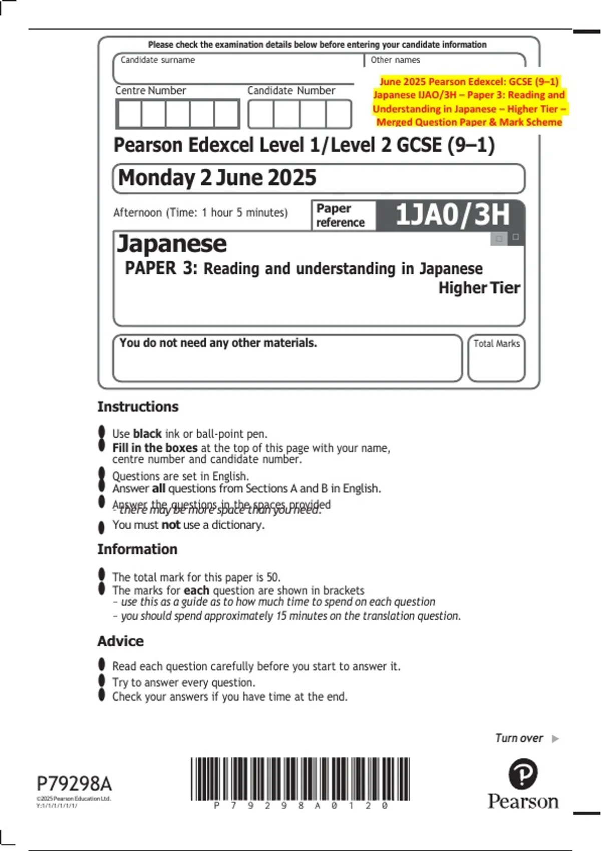 June 2025 Pearson Edexcel: GCSE (9–1) Japanese IJAO/3H – Paper 3: Reading and Understanding in ...