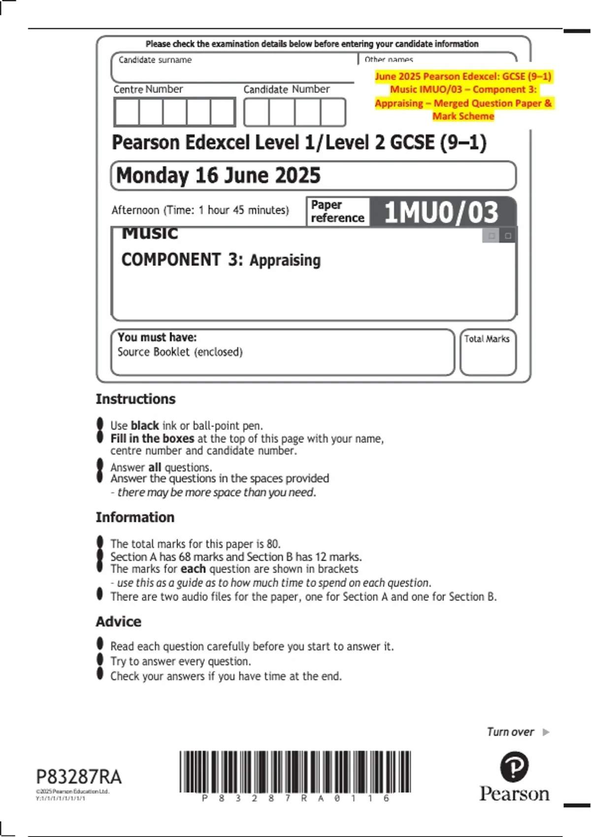 June 2025 Pearson Edexcel: GCSE (9–1) Music IMUO/03 – Component 3 ...