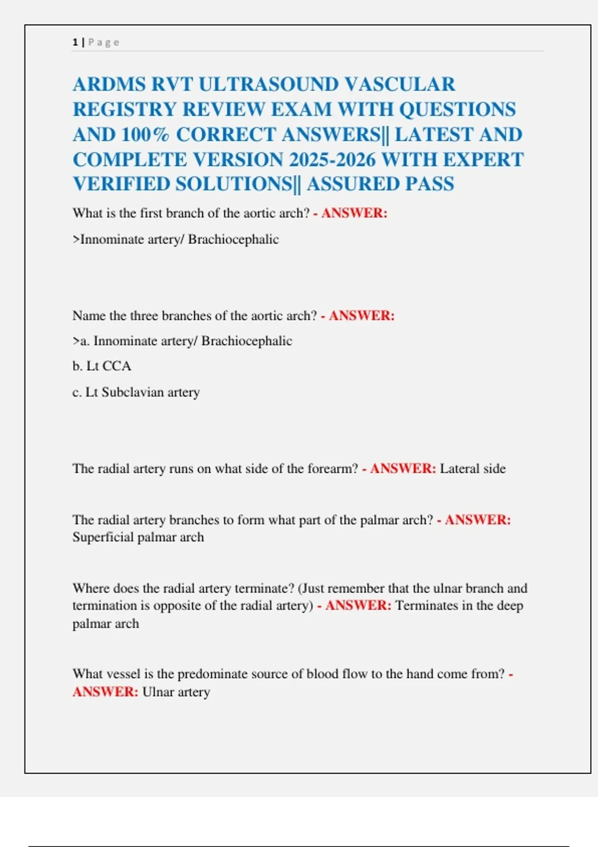 ARDMS RVT ULTRASOUND VASCULAR REGISTRY REVIEW EXAM WITH QUESTIONS AND ...