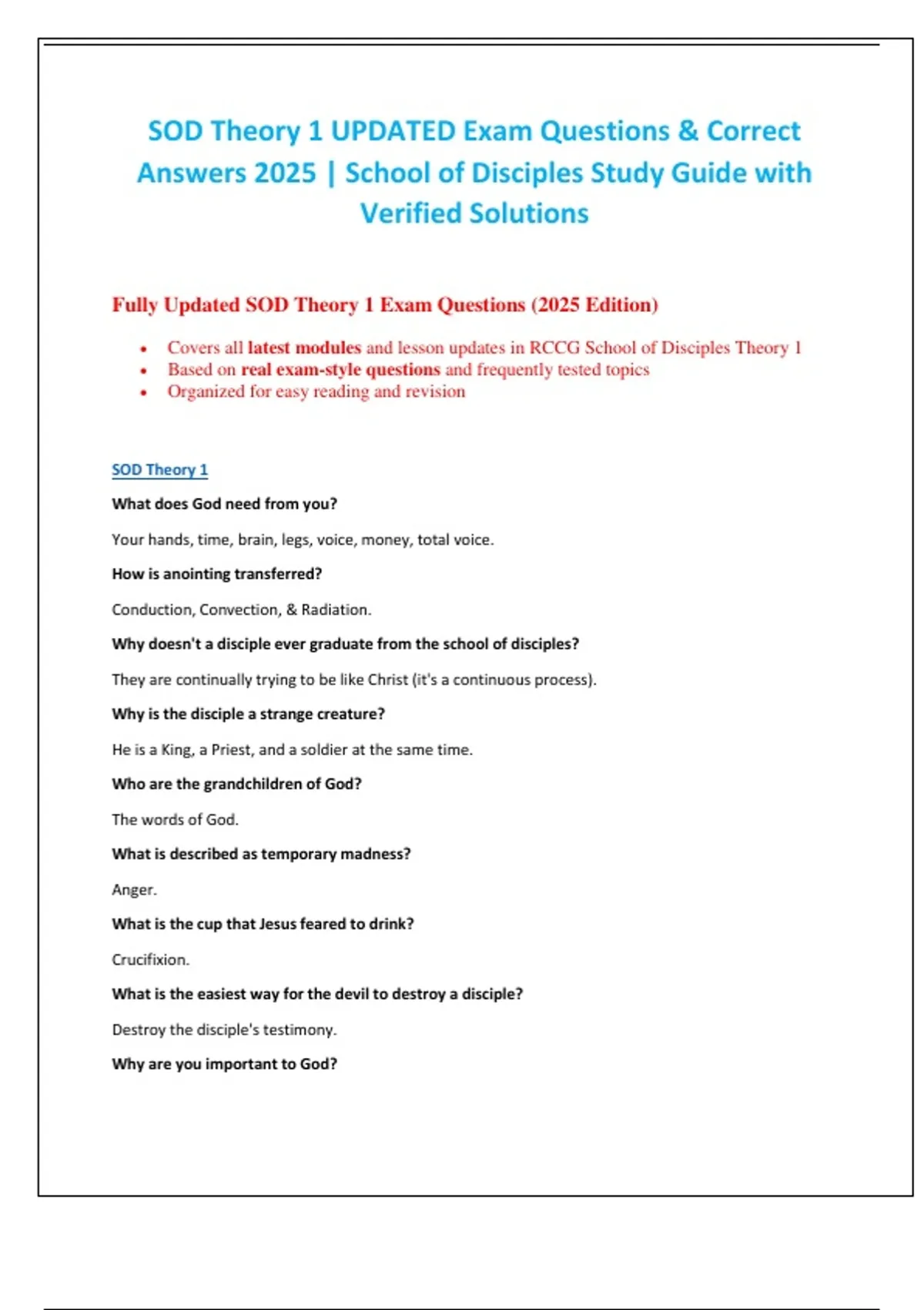 SOD Theory 1 UPDATED Exam Questions & Correct Answers 2025 | School of ...