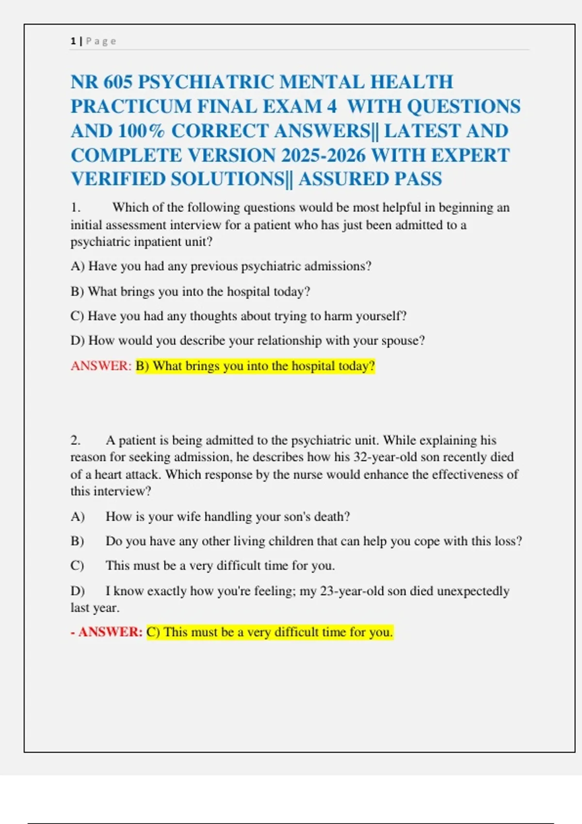 NR605 PSYCHIATRIC MENTAL HEALTH PRACTICUM FINAL EXAM WITH QUESTIONS AND ...