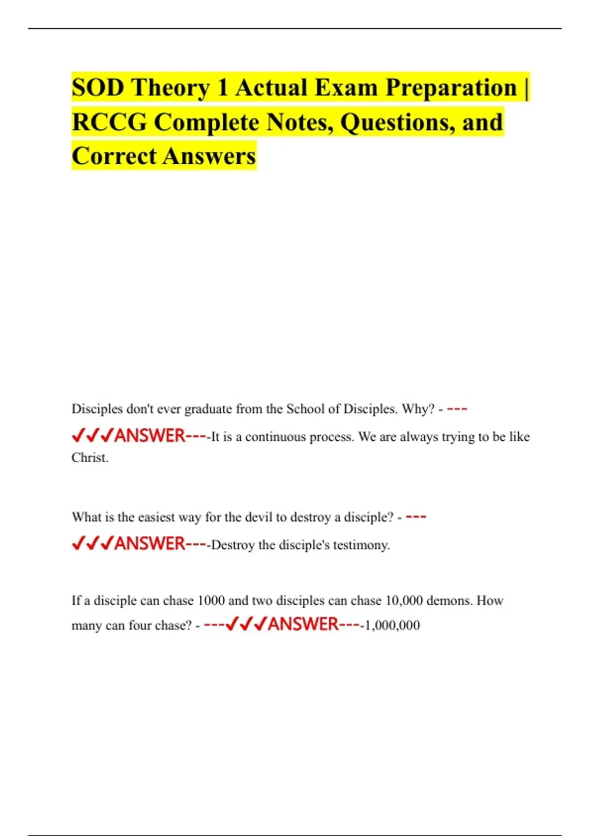 SOD Theory 1 Actual Exam Preparation | RCCG Complete Notes, Questions ...