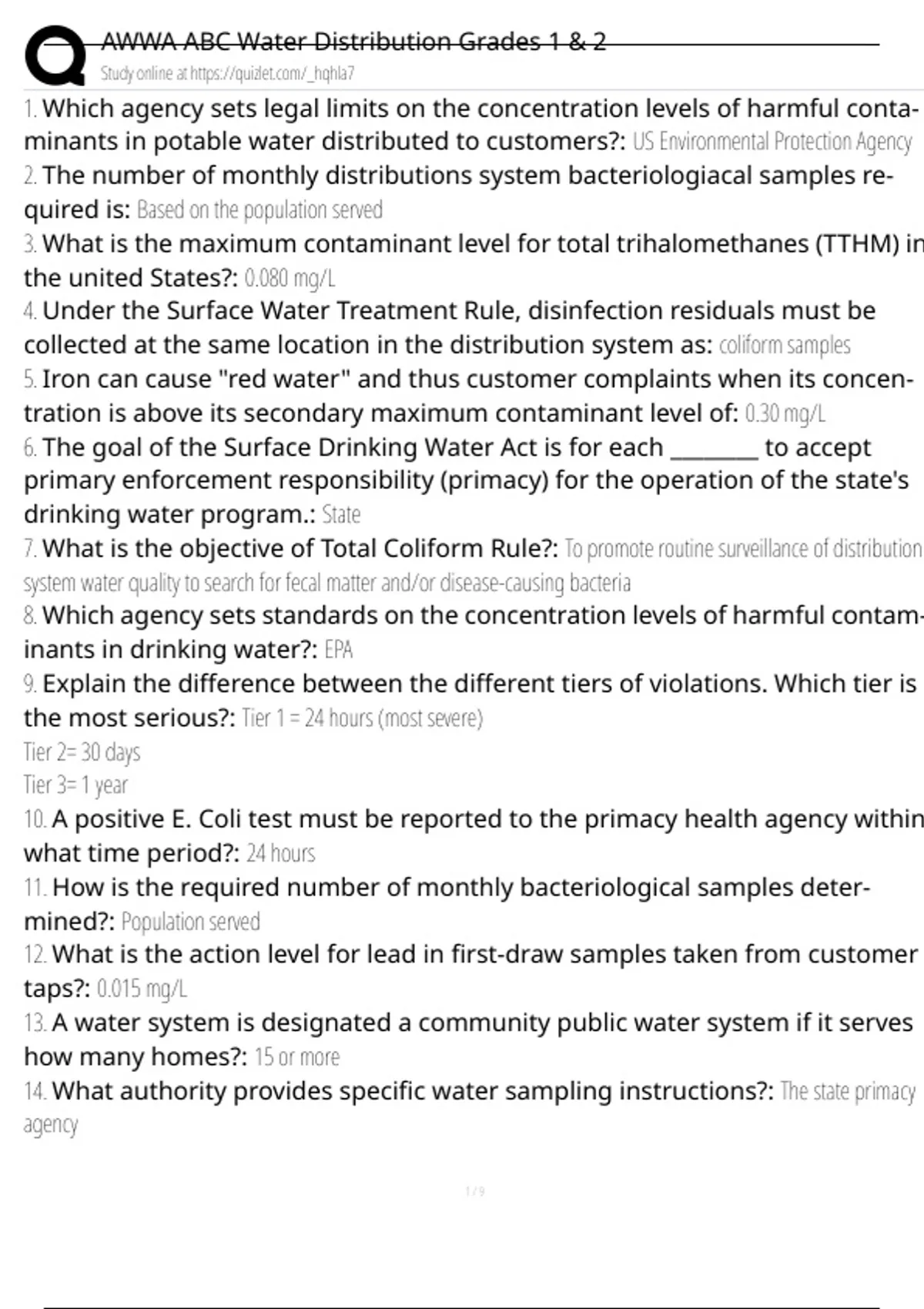 AWWA ABC Water Distribution Grades 1 & 2 Exam Questions and Answers 100 ...