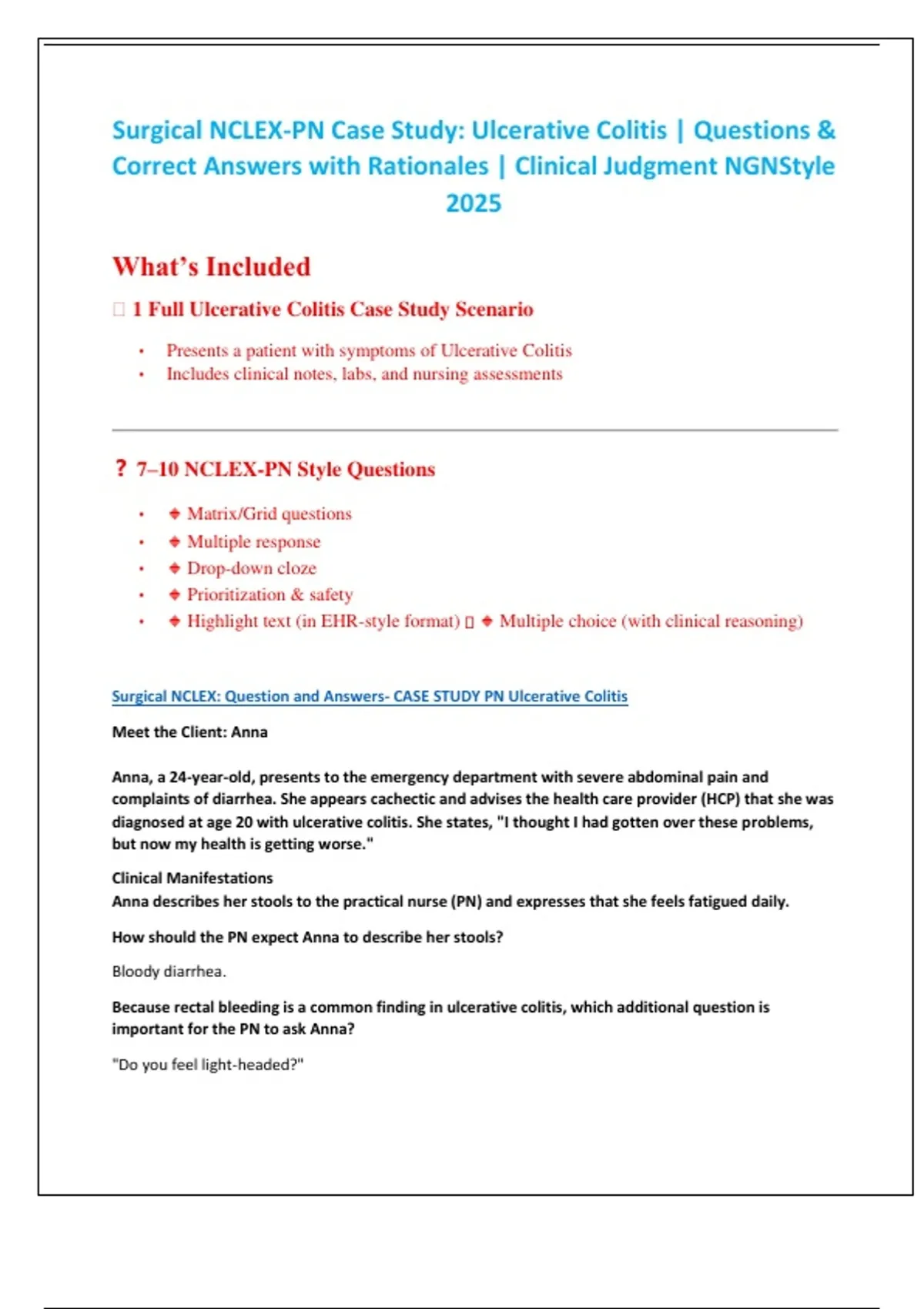 Surgical NCLEX-PN Case Study: Ulcerative Colitis | Questions & Correct ...