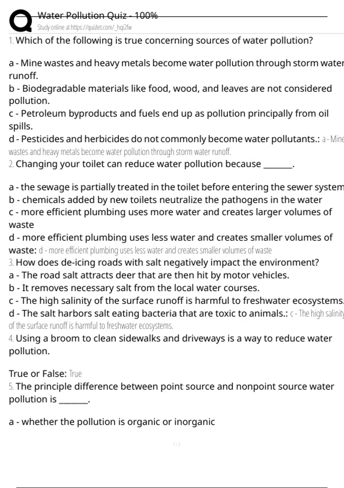Water Pollution Quiz - 100% Solved - Water Pollution - Stuvia US