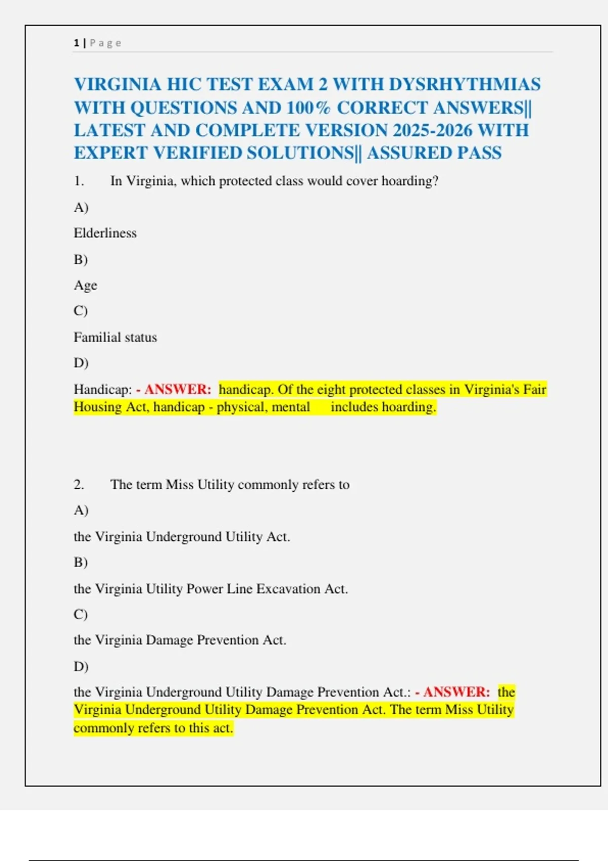 VIRGINIA HIC TEST EXAM 2 WITH DYSRHYTHMIAS WITH QUESTIONS AND 100% ...