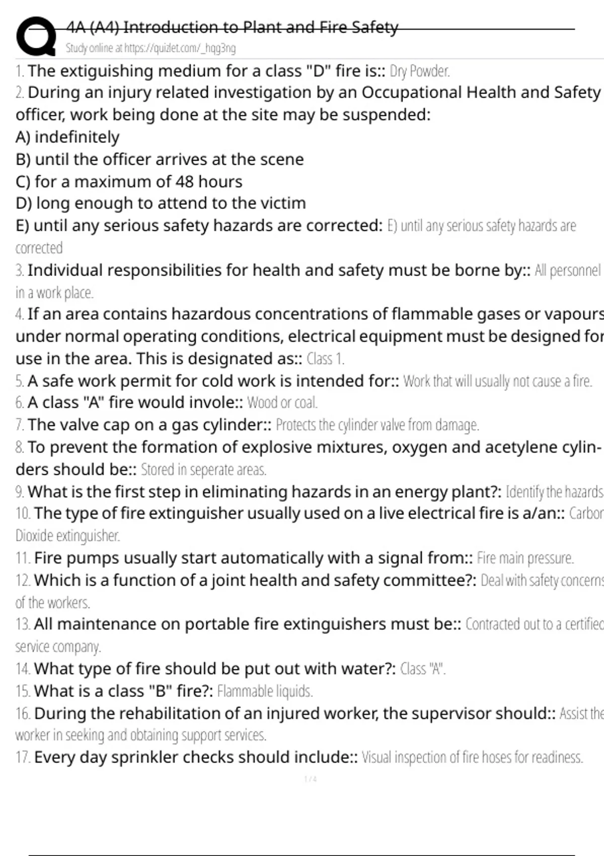 4A (A4) Introduction to Plant and Fire Safety Exam Questions and ...