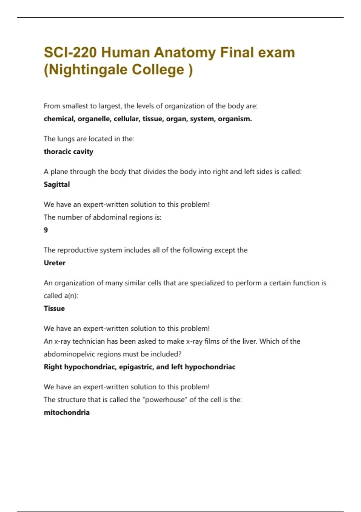 SCI-220 Human Anatomy Final exam (Nightingale College ) Questions and ...