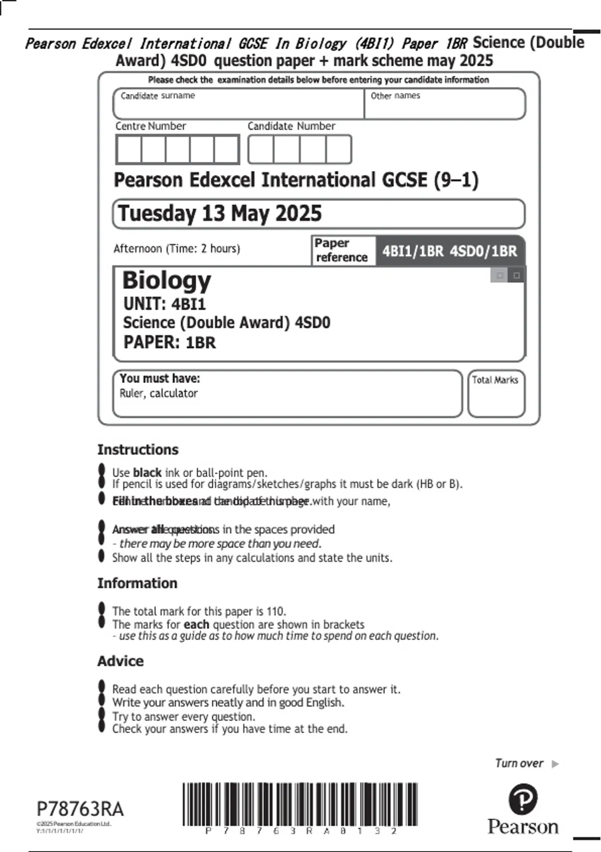 Pearson Edexcel International GCSE In Biology (4BI1) Paper 1BR Science (Double Award) 4SD0 ...