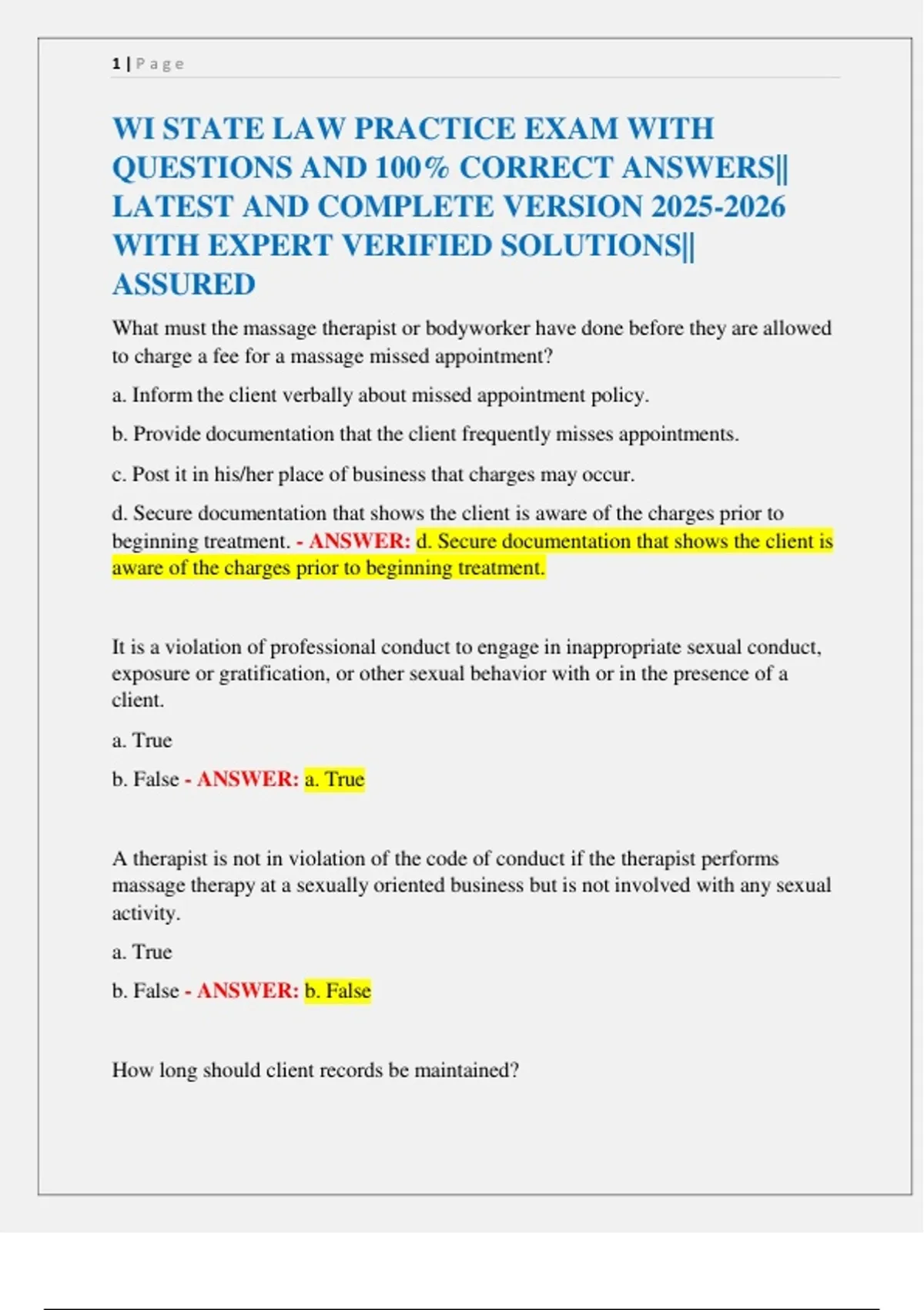 WI STATE LAW PRACTICE EXAM WITH QUESTIONS AND 100% CORRECT ANSWERS ...