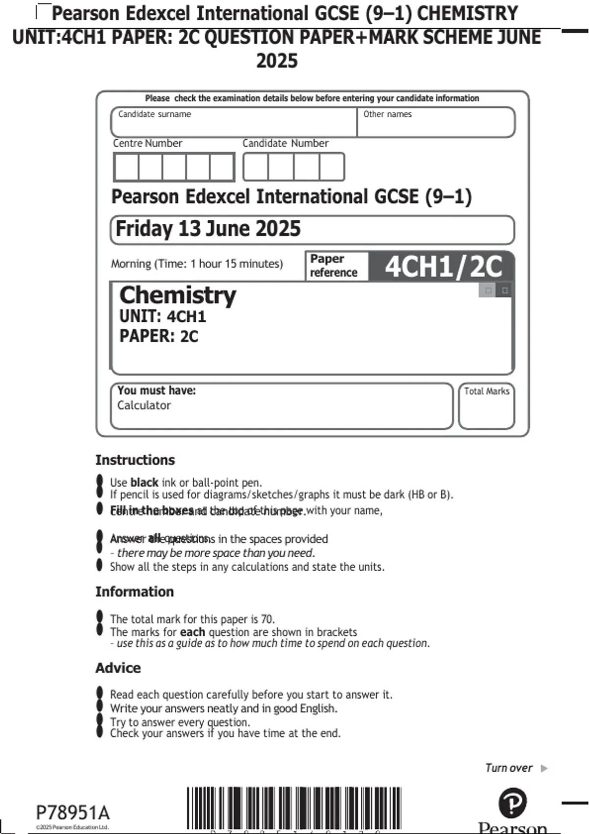 Pearson Edexcel International GCSE (9–1) CHEMISTRY UNIT:4CH1 PAPER: 2C ...
