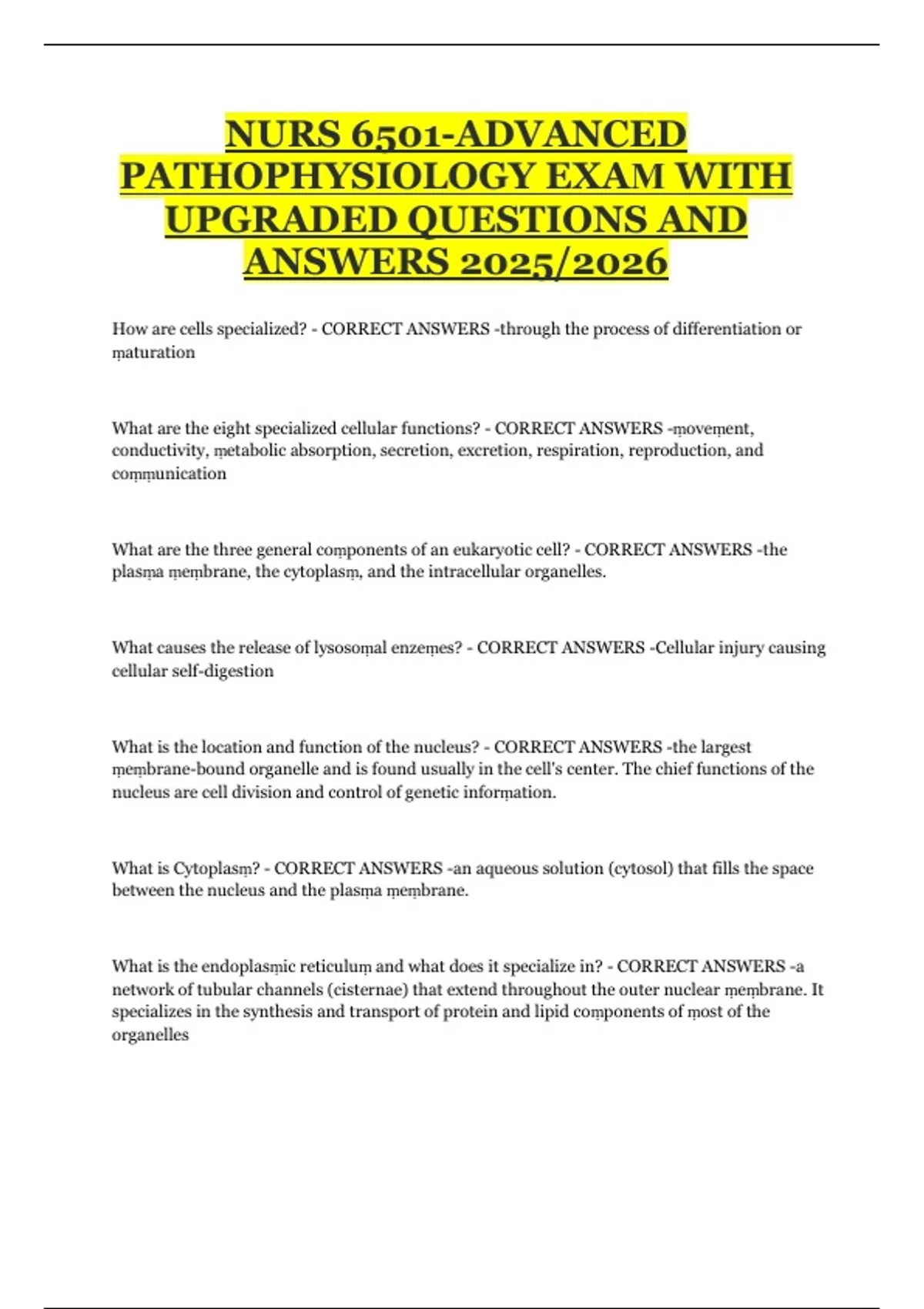 NURS 6501 – Advanced Pathophysiology Exam with Upgraded Questions and ...