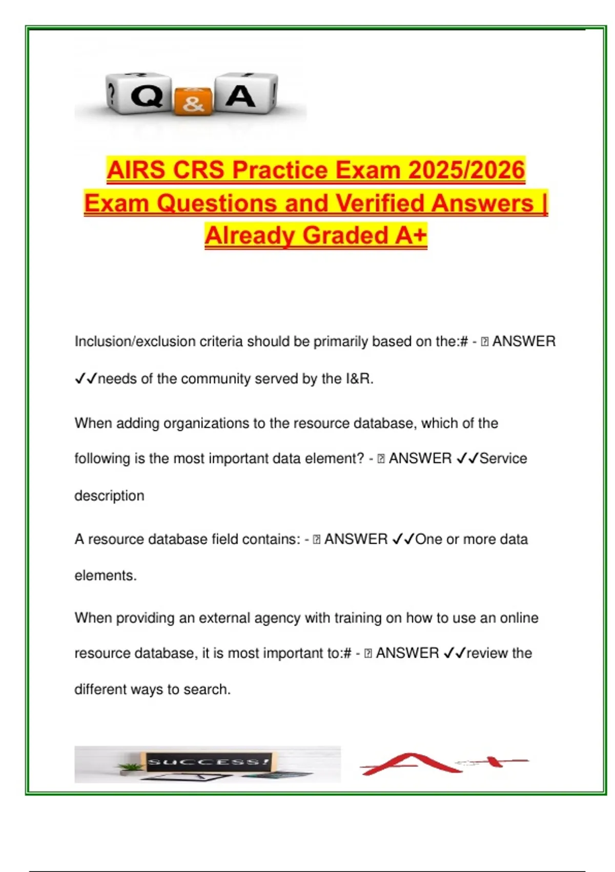 AIRS CRS Practice Exam – 90 Verified Questions with Answers – I&R ...