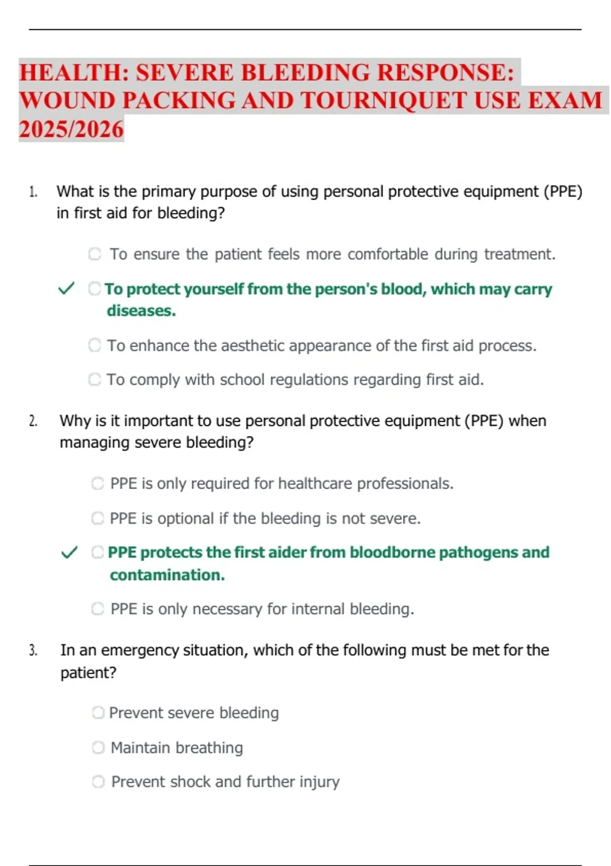 HEALTH: SEVERE BLEEDING RESPONSE: WOUND PACKING AND TOURNIQUET USE EXAM ...