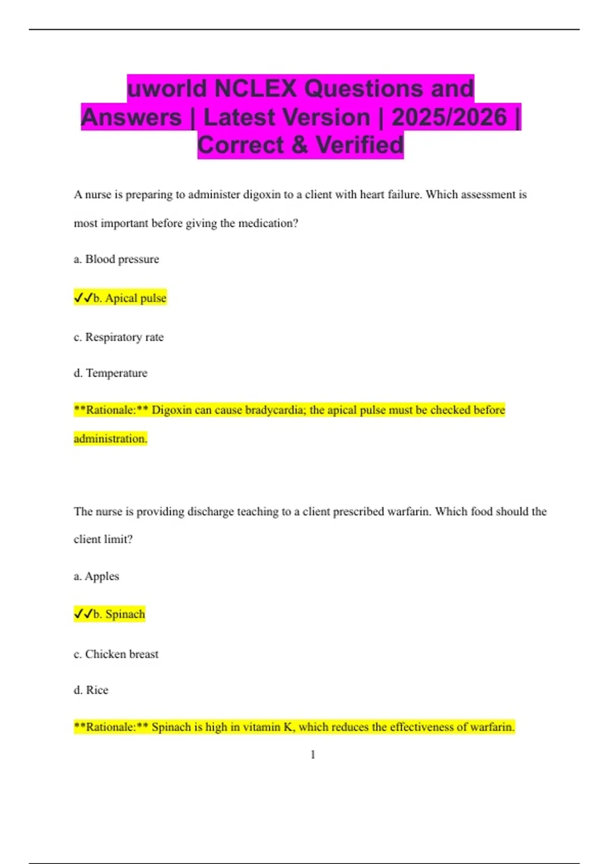 uworld NCLEX Questions and Answers | Latest Version | 2025/2026 ...