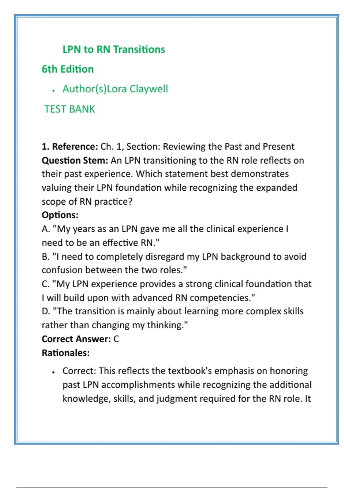 LPN to RN Transitions 6th Edition Test Bank | NCLEX & HESI Practice ...