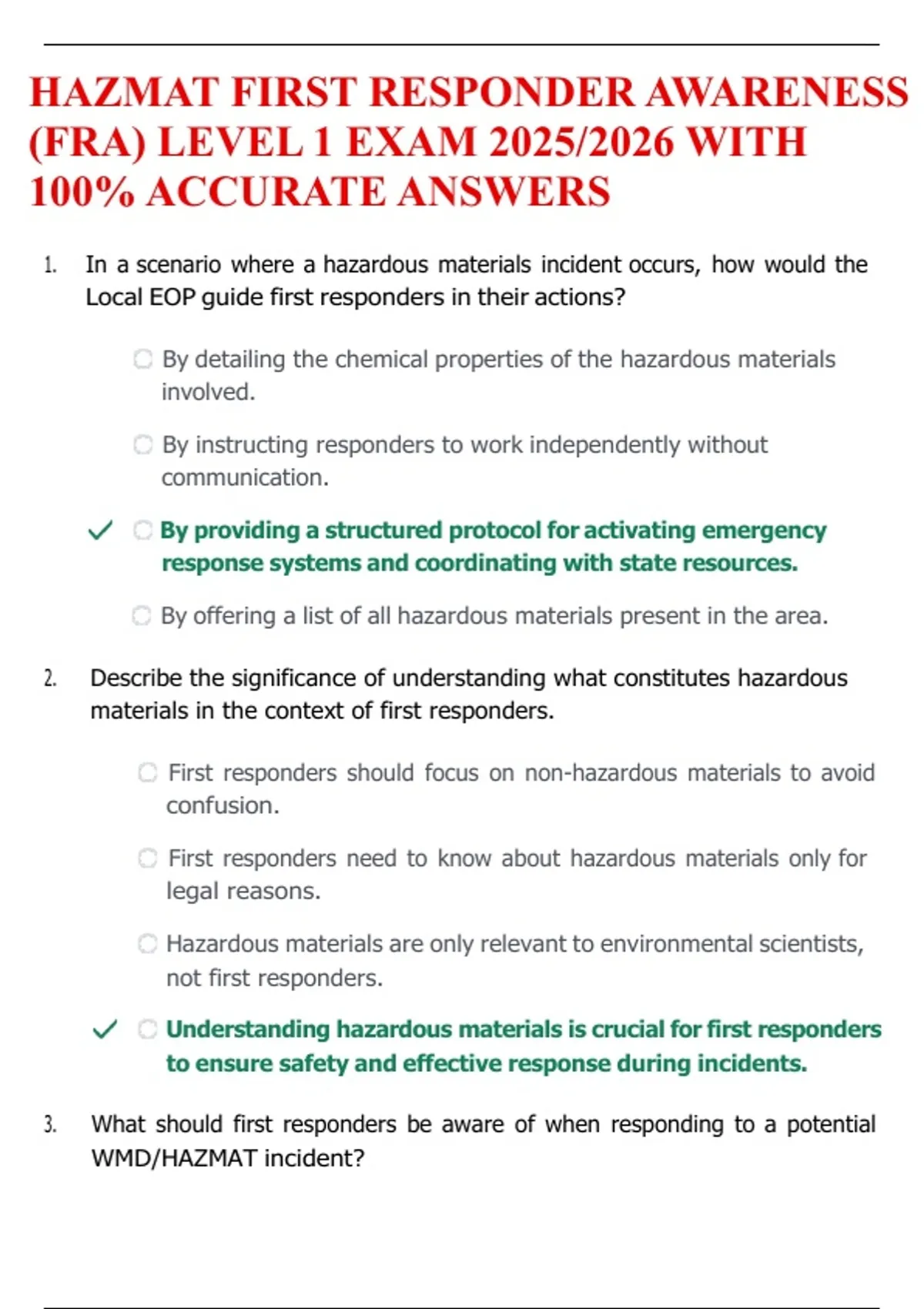 HAZMAT FIRST RESPONDER AWARENESS (FRA) LEVEL 1 EXAM 2025/2026 WITH 100% ...
